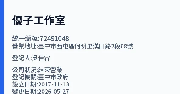 優子工作室的照片-統編 72491048(臺中市) 公司登記資料與營業項目詳細圖表