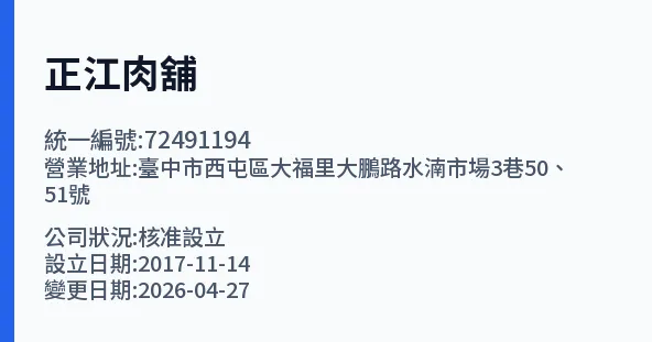 正江肉舖的照片-統編 72491194(臺中市) 公司登記資料與營業項目詳細圖表