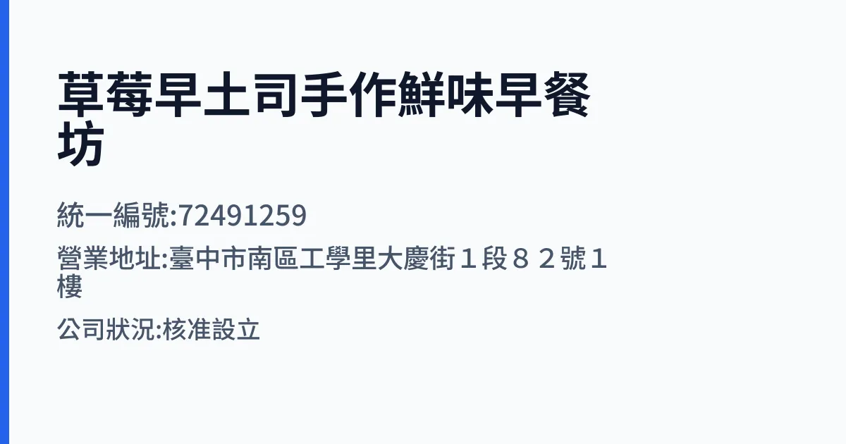 草莓早土司手作鮮味早餐坊 - 統編 72491259(臺中市) 公司登記資料與營業項目詳細圖表