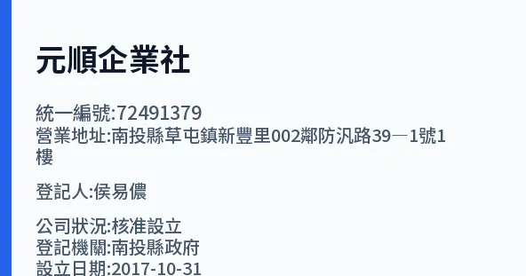 元順企業社的照片-統編 72491379(南投縣) 公司登記資料與營業項目詳細圖表