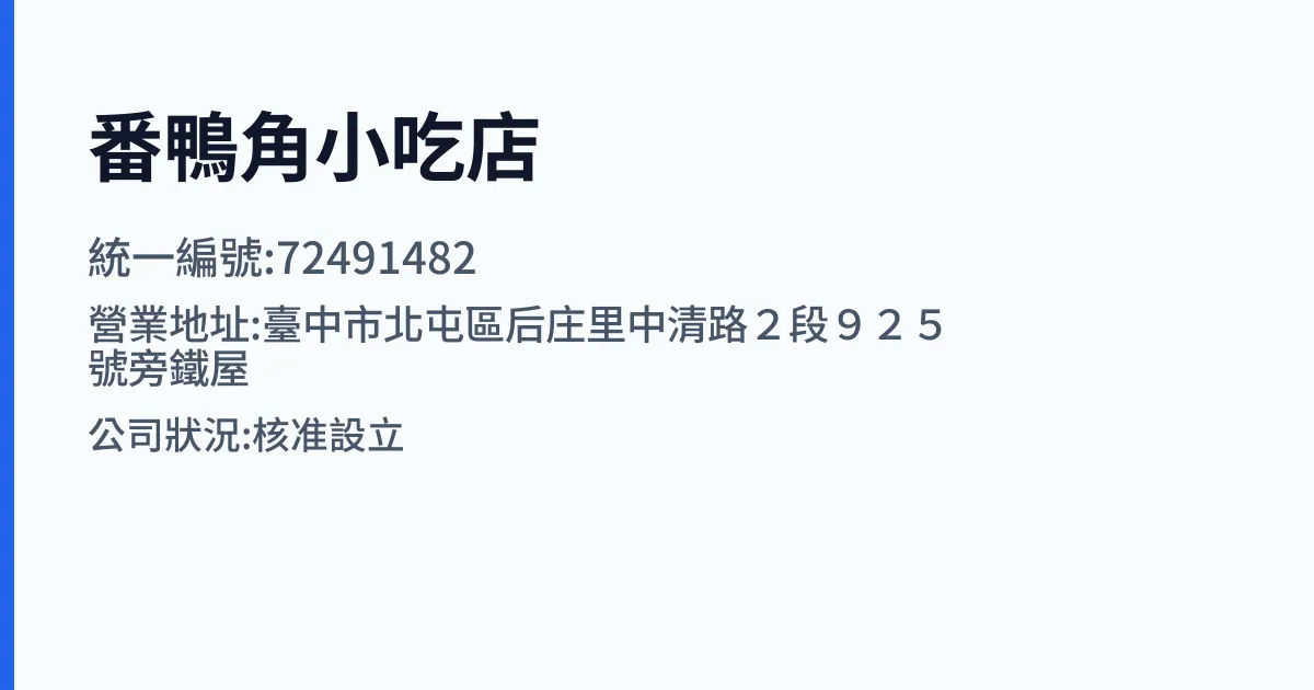 番鴨角小吃店 - 統編 72491482(臺中市) 公司登記資料與營業項目詳細圖表