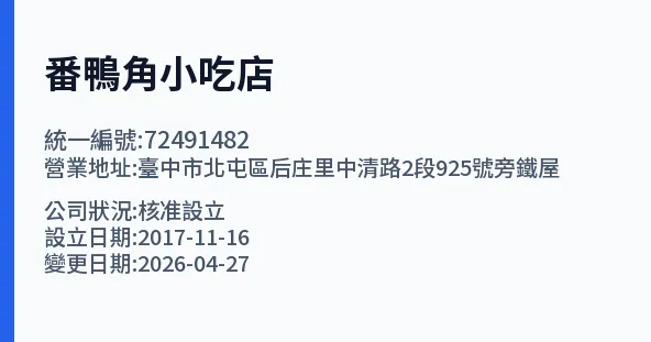 番鴨角小吃店的照片-統編 72491482(臺中市) 公司登記資料與營業項目詳細圖表