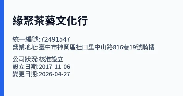 緣聚茶藝文化行的照片-統編 72491547(臺中市) 公司登記資料與營業項目詳細圖表