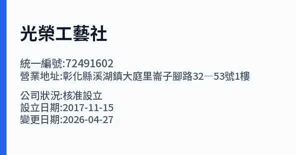光榮工藝社的照片-統編 72491602(彰化縣) 公司登記資料與營業項目詳細圖表