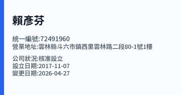 賴彥芬的照片-統編 72491960(雲林縣) 公司登記資料與營業項目詳細圖表