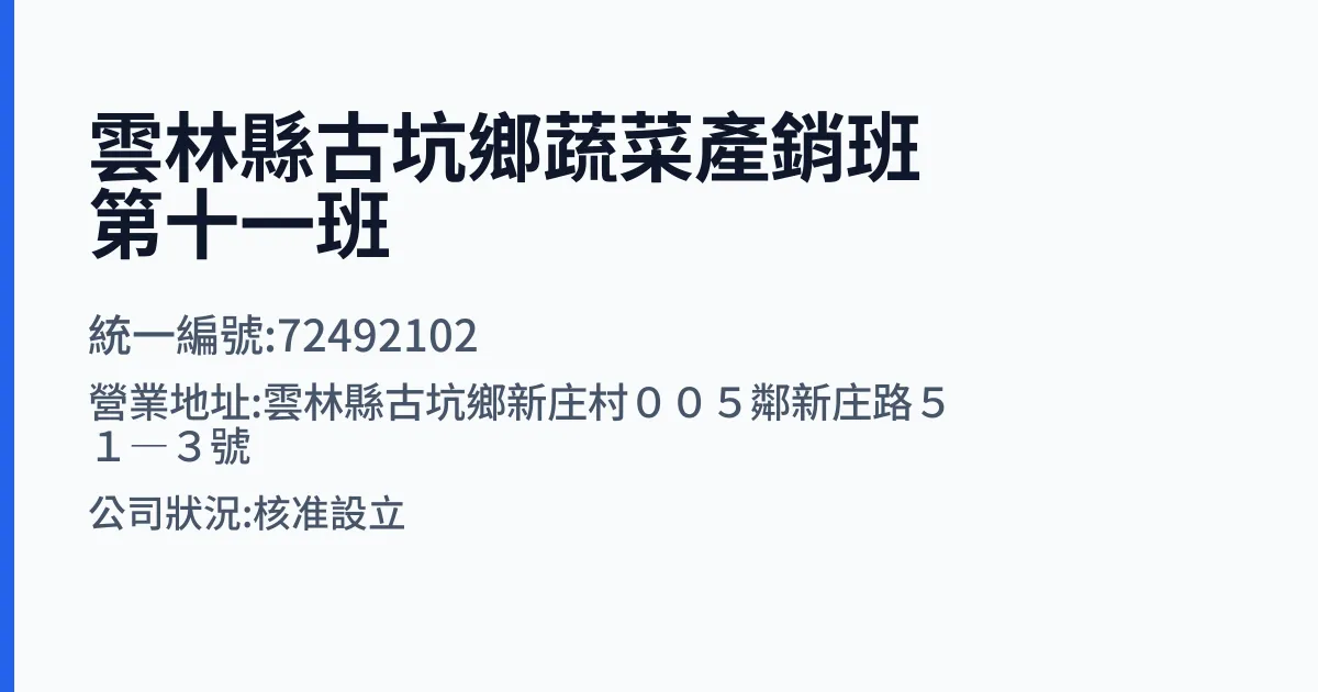 雲林縣古坑鄉蔬菜產銷班第十一班 - 統編 72492102(雲林縣) 公司登記資料與營業項目詳細圖表