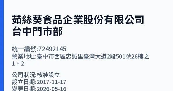 茹絲葵食品企業股份有限公司台中門市部的照片-統編 72492145(臺中市) 公司登記資料與營業項目詳細圖表