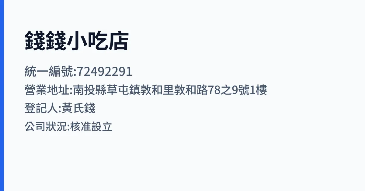 錢錢小吃店 - 統編 72492291（南投縣） 公司登記資料與營業項目詳細圖表