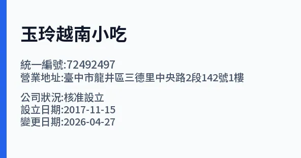 玉玲越南小吃的照片-統編 72492497(臺中市) 公司登記資料與營業項目詳細圖表