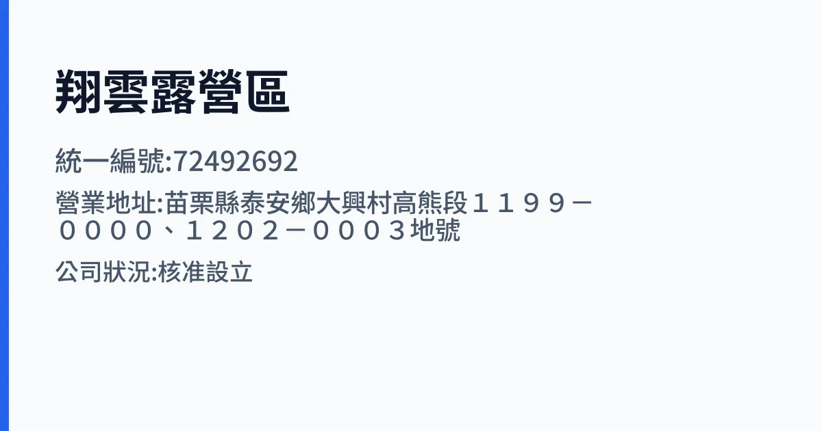 翔雲露營區 - 統編 72492692(苗栗縣) 公司登記資料與營業項目詳細圖表
