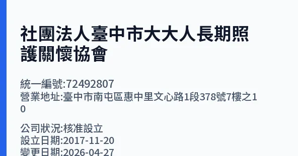 社團法人臺中市大大人長期照護關懷協會的照片-統編 72492807(臺中市) 公司登記資料與營業項目詳細圖表