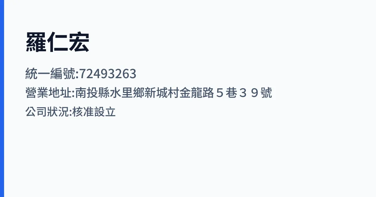 羅仁宏 - 統編 72493263(南投縣) 公司登記資料與營業項目詳細圖表