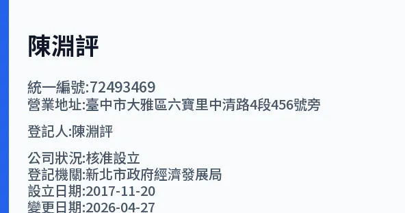 陳淵評的照片-統編 72493469(臺中市) 公司登記資料與營業項目詳細圖表
