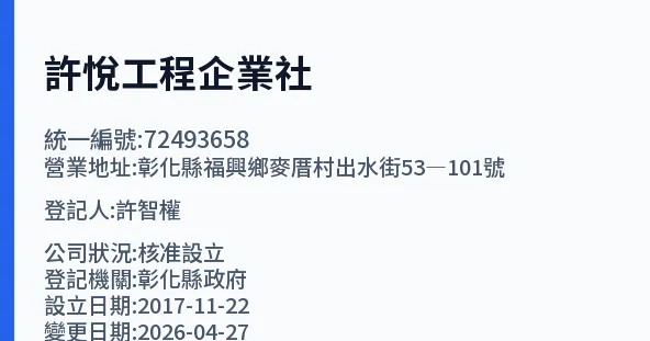 許悅工程企業社的照片-統編 72493658(彰化縣) 公司登記資料與營業項目詳細圖表