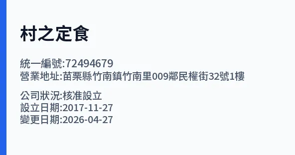 村之定食的照片-統編 72494679(苗栗縣) 公司登記資料與營業項目詳細圖表