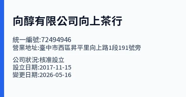 向醇有限公司向上茶行的照片-統編 72494946(臺中市) 公司登記資料與營業項目詳細圖表