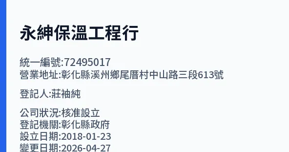永紳保溫工程行的照片-統編 72495017(彰化縣) 公司登記資料與營業項目詳細圖表