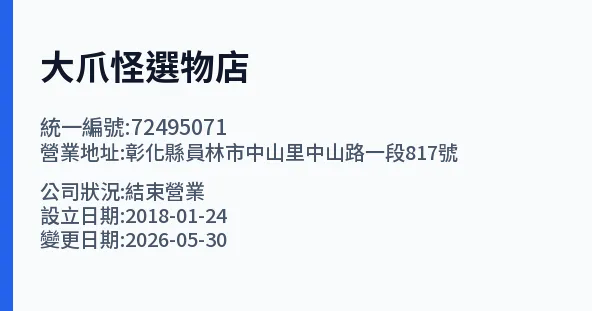 大爪怪選物店的照片-統編 72495071(彰化縣) 公司登記資料與營業項目詳細圖表