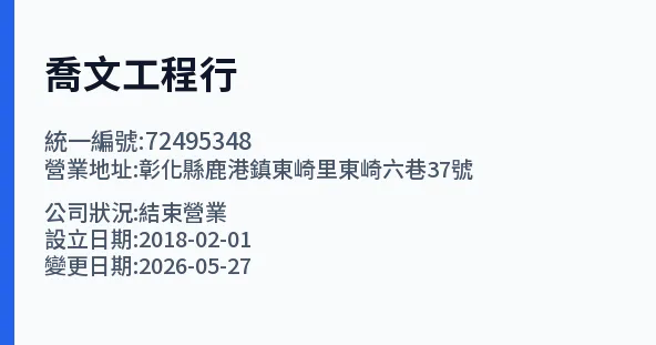 喬文工程行的照片-統編 72495348(彰化縣) 公司登記資料與營業項目詳細圖表