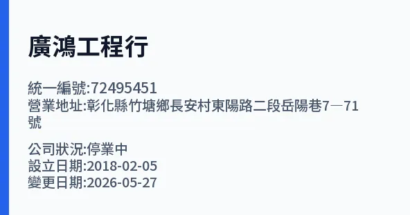 廣鴻工程行的照片-統編 72495451(彰化縣) 公司登記資料與營業項目詳細圖表