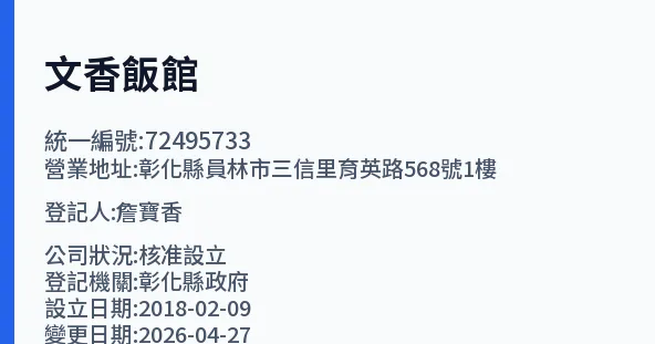 文香飯館的照片-統編 72495733(彰化縣) 公司登記資料與營業項目詳細圖表