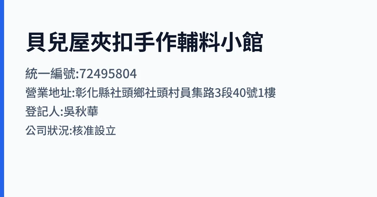 貝兒屋夾扣手作輔料小館 - 統編 72495804(彰化縣) 公司登記資料與營業項目詳細圖表