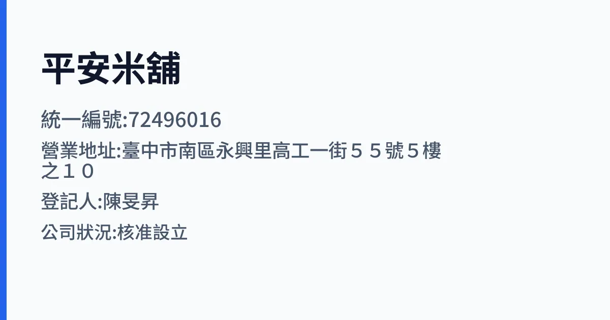 平安米舖 - 統編 72496016（彰化縣） 公司登記資料與營業項目詳細圖表