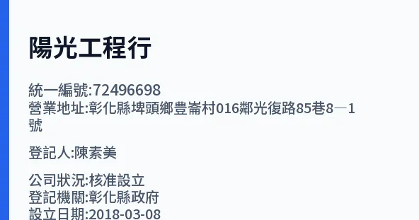 陽光工程行的照片-統編 72496698(彰化縣) 公司登記資料與營業項目詳細圖表