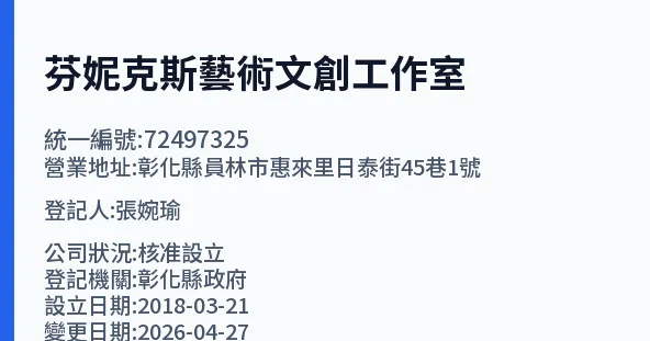 芬妮克斯藝術文創工作室的照片-統編 72497325(彰化縣) 公司登記資料與營業項目詳細圖表