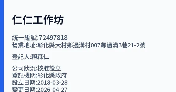 仁仁工作坊的照片-統編 72497818(彰化縣) 公司登記資料與營業項目詳細圖表