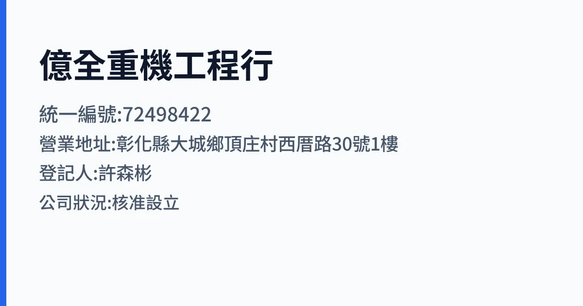 億全重機工程行 - 統編 72498422(彰化縣) 公司登記資料與營業項目詳細圖表