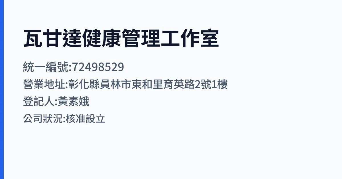 瓦甘達健康管理工作室 - 統編 72498529(彰化縣) 公司登記資料與營業項目詳細圖表