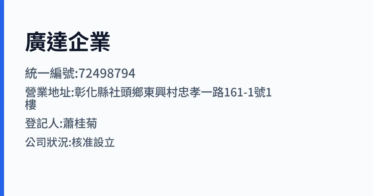 廣達企業 - 統編 72498794(彰化縣) 公司登記資料與營業項目詳細圖表