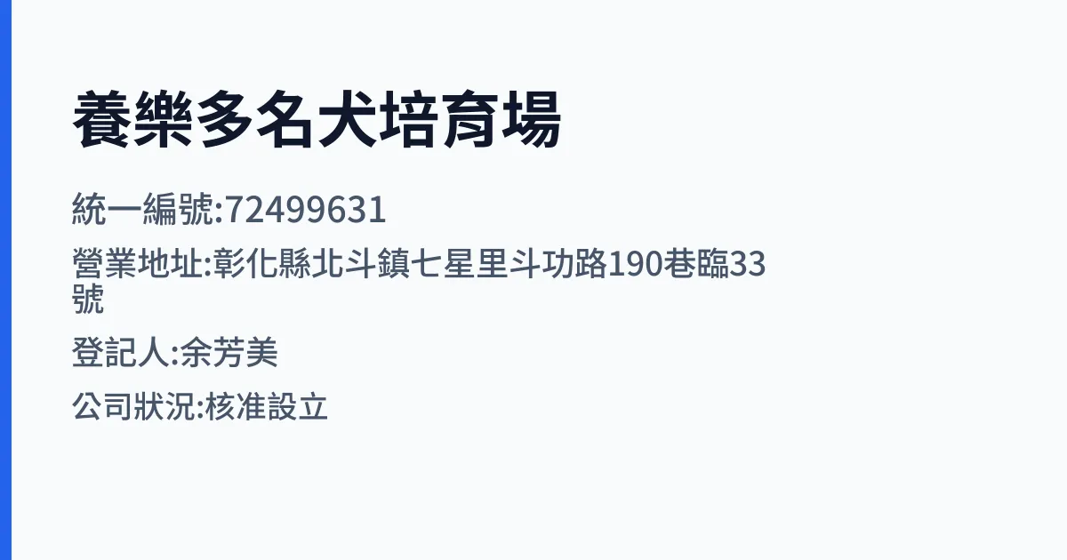 養樂多名犬培育場 - 統編 72499631(彰化縣) 公司登記資料與營業項目詳細圖表