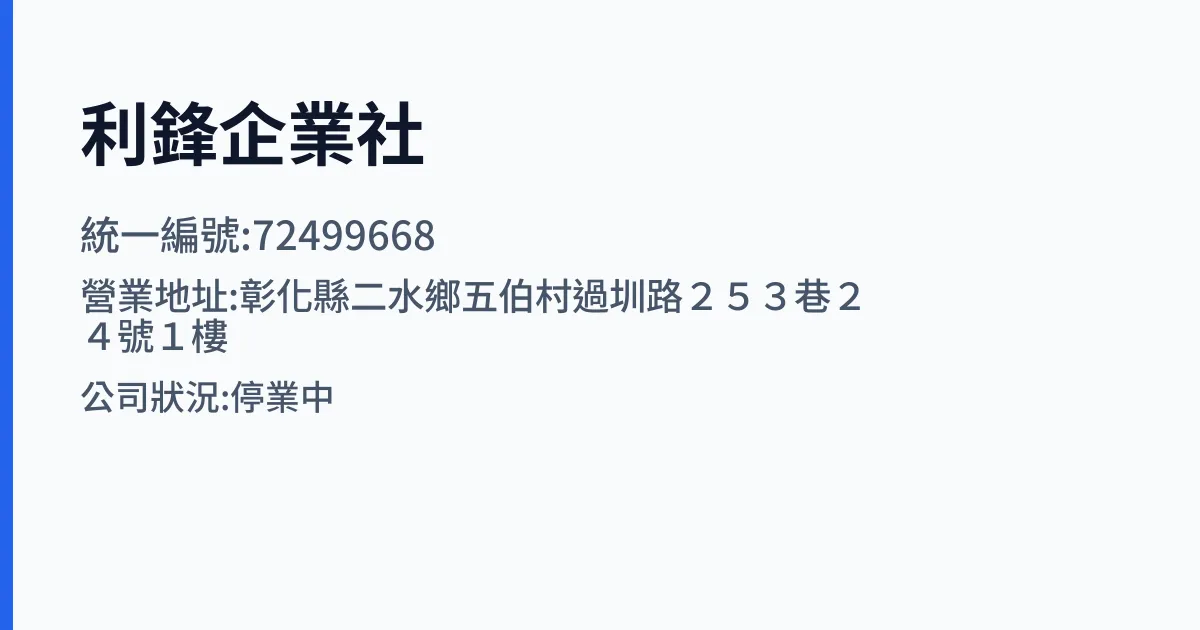 利鋒企業社 - 統編 72499668(彰化縣) 公司登記資料與營業項目詳細圖表