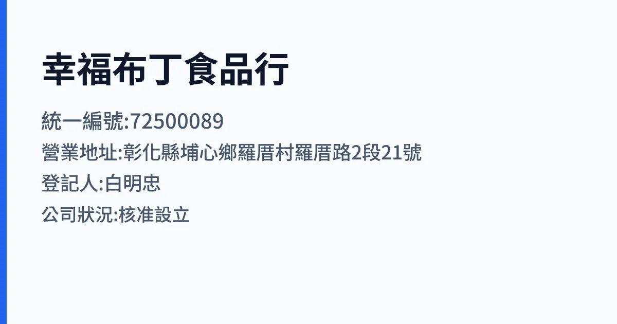 幸福布丁食品行 - 統編 72500089(彰化縣) 公司登記資料與營業項目詳細圖表
