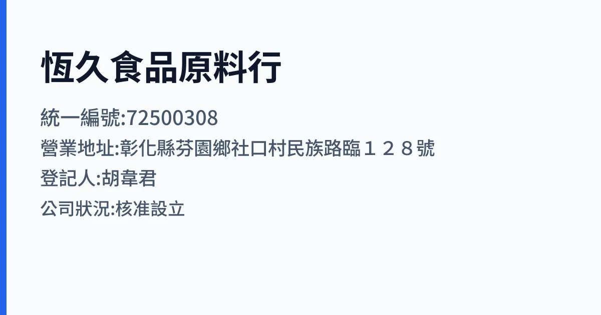 恆久食品原料行 - 統編 72500308(彰化縣) 公司登記資料與營業項目詳細圖表