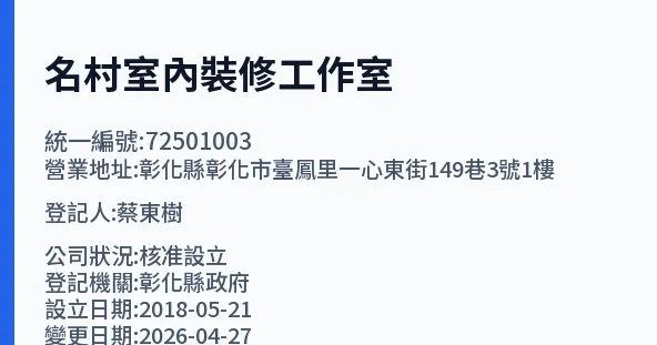名村室內裝修工作室的照片-統編 72501003(彰化縣) 公司登記資料與營業項目詳細圖表