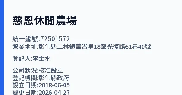 慈恩休閒農場的照片-統編 72501572(彰化縣) 公司登記資料與營業項目詳細圖表