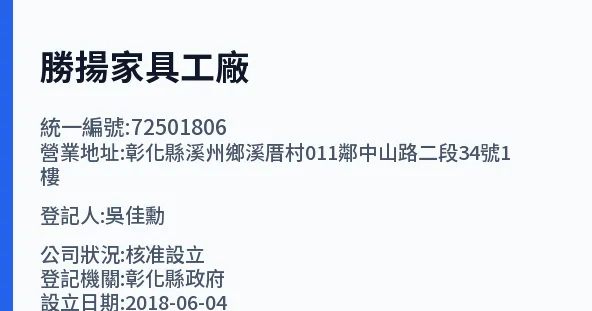 勝揚家具工廠的照片-統編 72501806(彰化縣) 公司登記資料與營業項目詳細圖表