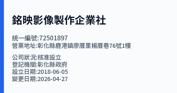 銘映影像製作企業社的照片-統編 72501897(彰化縣) 公司登記資料與營業項目詳細圖表