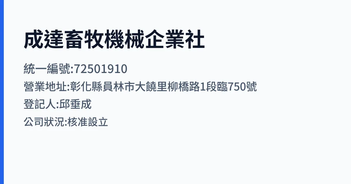 成達畜牧機械企業社 - 統編 72501910(彰化縣) 公司登記資料與營業項目詳細圖表