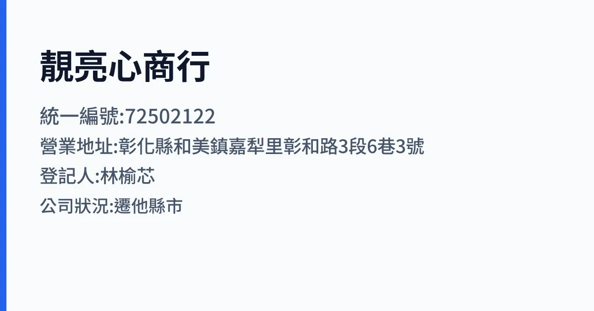 靚亮心商行 - 統編 72502122(臺中市) 公司登記資料與營業項目詳細圖表