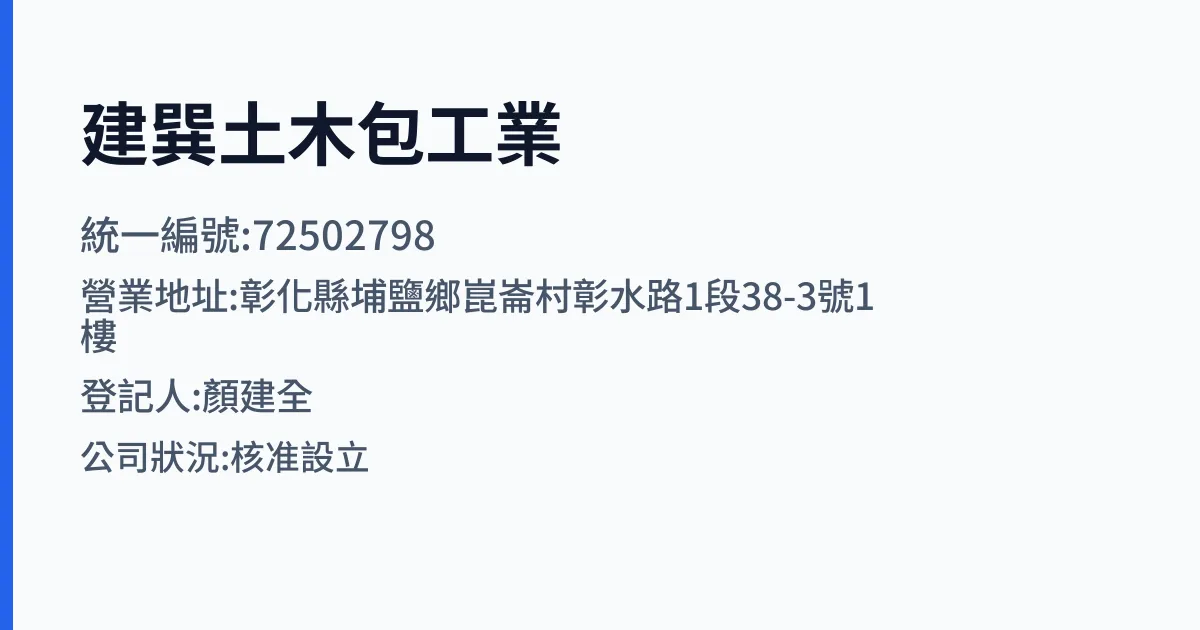 建巽土木包工業 - 統編 72502798(彰化縣) 公司登記資料與營業項目詳細圖表