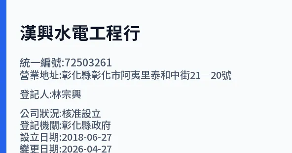 漢興水電工程行的照片-統編 72503261(彰化縣) 公司登記資料與營業項目詳細圖表