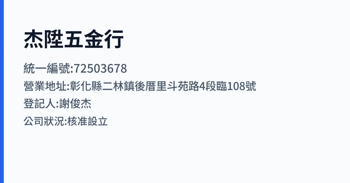 杰陞五金行 - 統編 72503678(彰化縣) 公司登記資料與營業項目詳細圖表