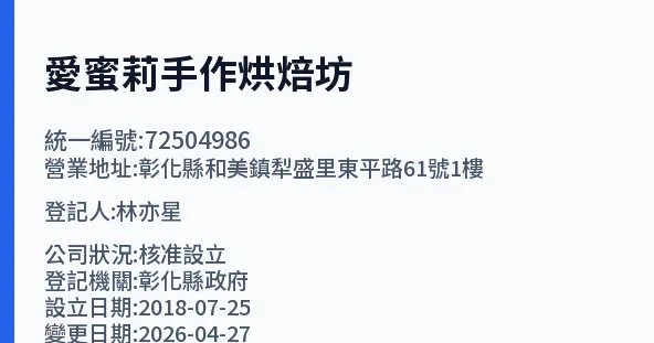愛蜜莉手作烘焙坊的照片-統編 72504986(彰化縣) 公司登記資料與營業項目詳細圖表