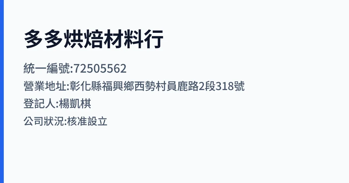 多多烘焙材料行 - 統編 72505562(彰化縣) 公司登記資料與營業項目詳細圖表