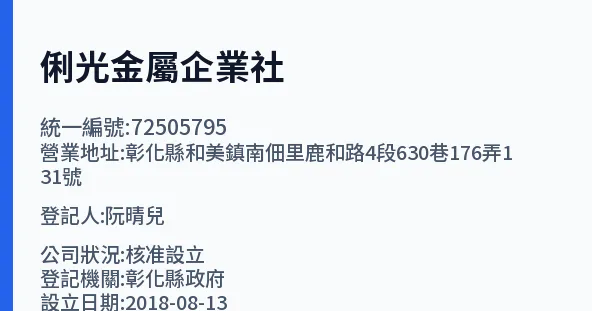 俐光金屬企業社的照片-統編 72505795(彰化縣) 公司登記資料與營業項目詳細圖表