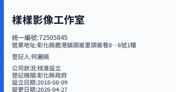 樣樣影像工作室的照片-統編 72505845(彰化縣) 公司登記資料與營業項目詳細圖表